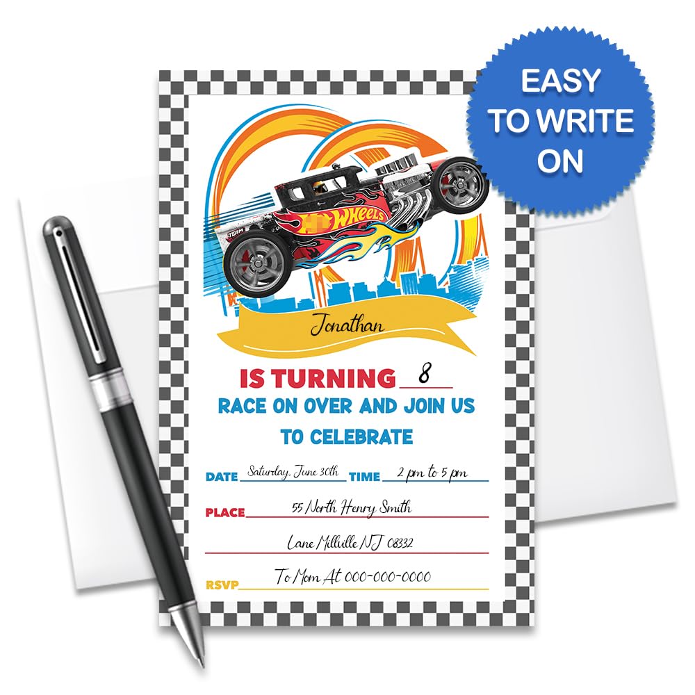 20 Hot Cars Birthday Party Invitations Cards with Envelopes 4"x6" - Red Hot Race Car Themed Birthday Party Supplies, Wheels Party Invitations, Decorations, Favors for Boys Girls Kids Teens. (044)