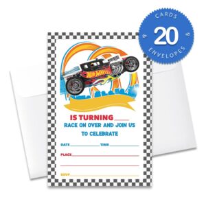 20 Hot Cars Birthday Party Invitations Cards with Envelopes 4"x6" - Red Hot Race Car Themed Birthday Party Supplies, Wheels Party Invitations, Decorations, Favors for Boys Girls Kids Teens. (044)