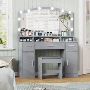 usikey Makeup Vanity with Lights, Vanity Desk, Makeup Vanity Table with 3 Drawers, 2 Cabinets & Long Storage Shelf, 10 Led Lights, Dressing Vanity Table with Stool, for Women, Girls, Bedroom, Grey