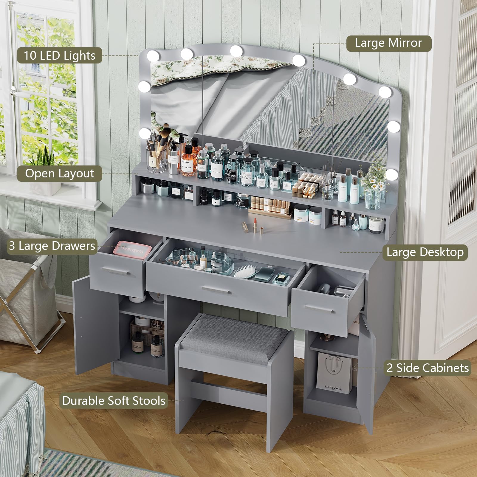 usikey Makeup Vanity with Lights, Vanity Desk, Makeup Vanity Table with 3 Drawers, 2 Cabinets & Long Storage Shelf, 10 Led Lights, Dressing Vanity Table with Stool, for Women, Girls, Bedroom, Grey