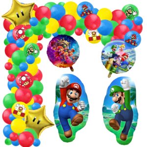 134 pcs mario birthday party balloon decorations, mario balloon garland arch kit mixed size 12 10 5 inch latex balloons and foil balloons for kids birthday party favors supplies