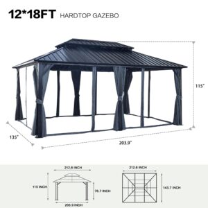 Goohome 12 x 18FT Hardtop Gazebo, Aluminum Frame Double Roof Gazebo Canopy with Mosquito Net and Curtains, Outdoor Permanent Hard Top Waterproof Pergola for Shade and Rain for Lawn, Backyard, Patio