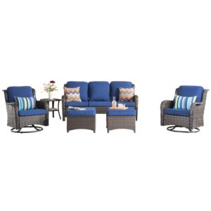 ovios Patio Furniture Set, 6 Piece Outdoor Wicker High Back Sofa with Swivel Rocking Chairs, Ottomans, Comfy Cushions, All Weather Conversation Set, Brown Rattan Navy Blue