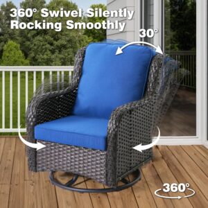 ovios Patio Furniture Set, 6 Piece Outdoor Wicker High Back Sofa with Swivel Rocking Chairs, Ottomans, Comfy Cushions, All Weather Conversation Set, Brown Rattan Navy Blue