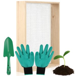 sliner rock sifter dirt sifter wood hand held soil screen compost sifter gardening stainless steel soil sieve with gloves and shovel for bonsai plants vegetables sand leaves worm gardening tools