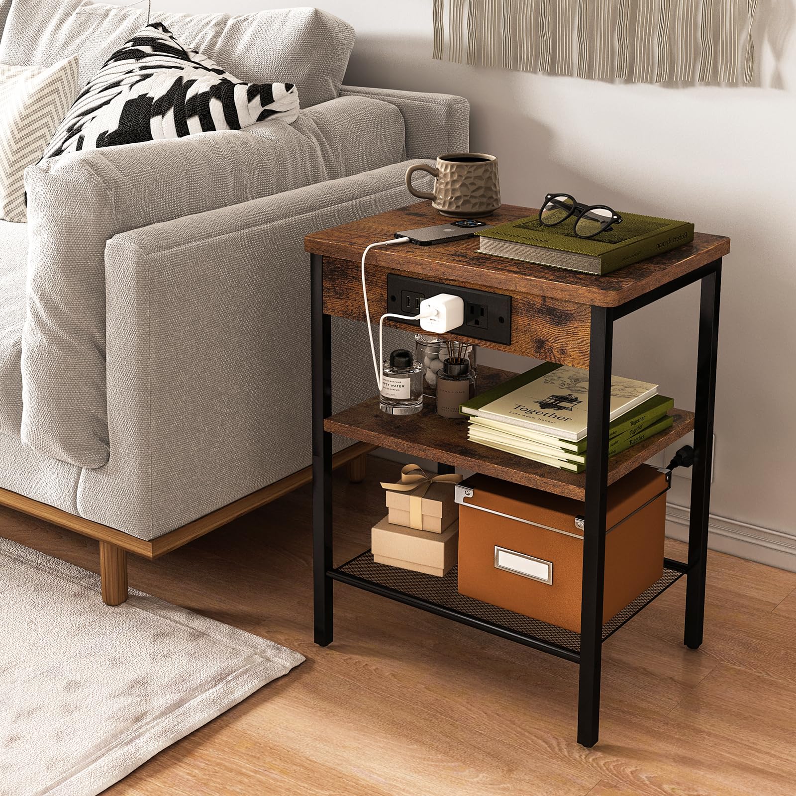 Fixwal Side Table, Night Stand with Charging Station, 3-Tier End Table with Storage Shelf, Side Table for Living Room, Bedroom, Rustic Brown and Black