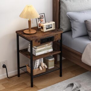 Fixwal Side Table, Night Stand with Charging Station, 3-Tier End Table with Storage Shelf, Side Table for Living Room, Bedroom, Rustic Brown and Black