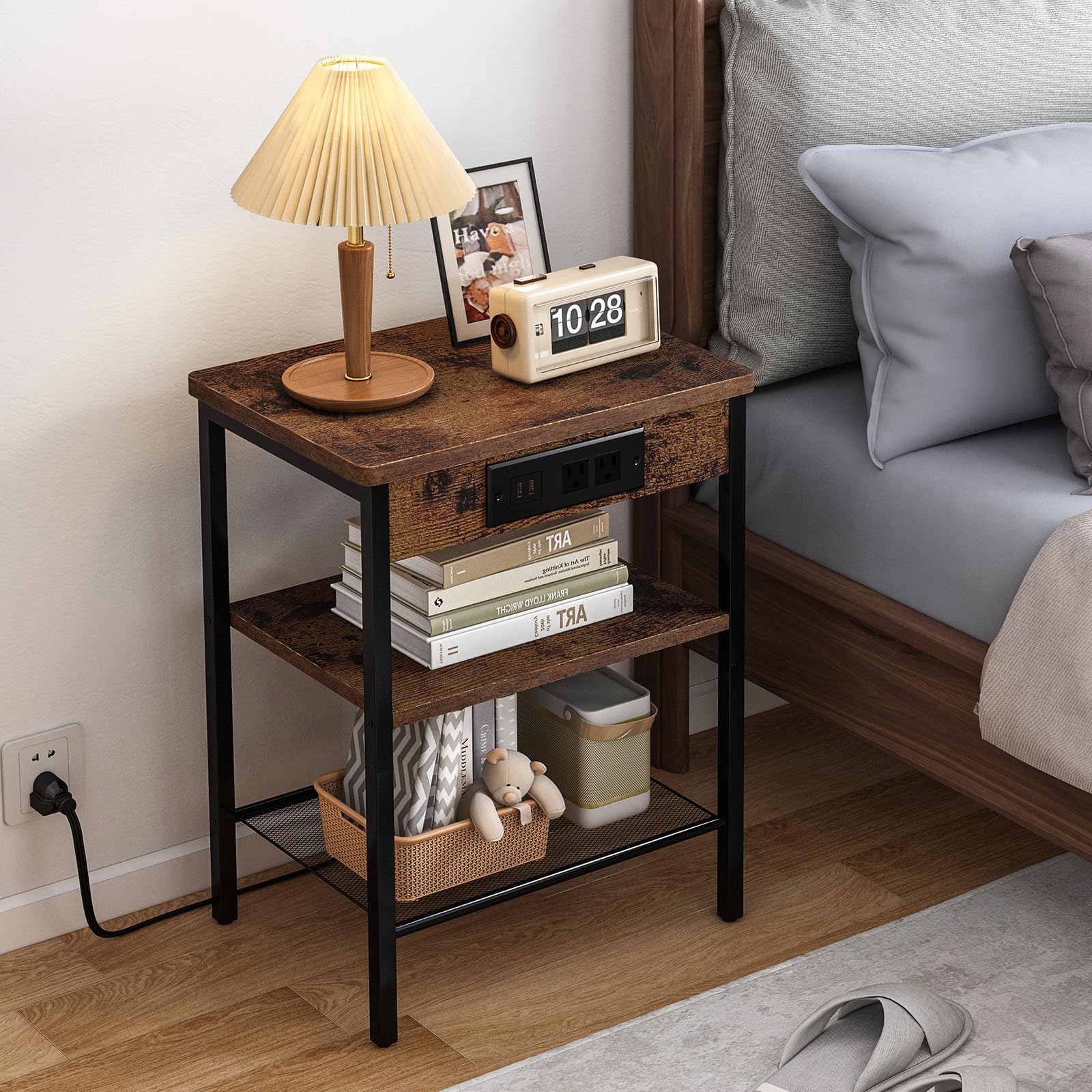 Fixwal Side Table, Night Stand with Charging Station, 3-Tier End Table with Storage Shelf, Side Table for Living Room, Bedroom, Rustic Brown and Black