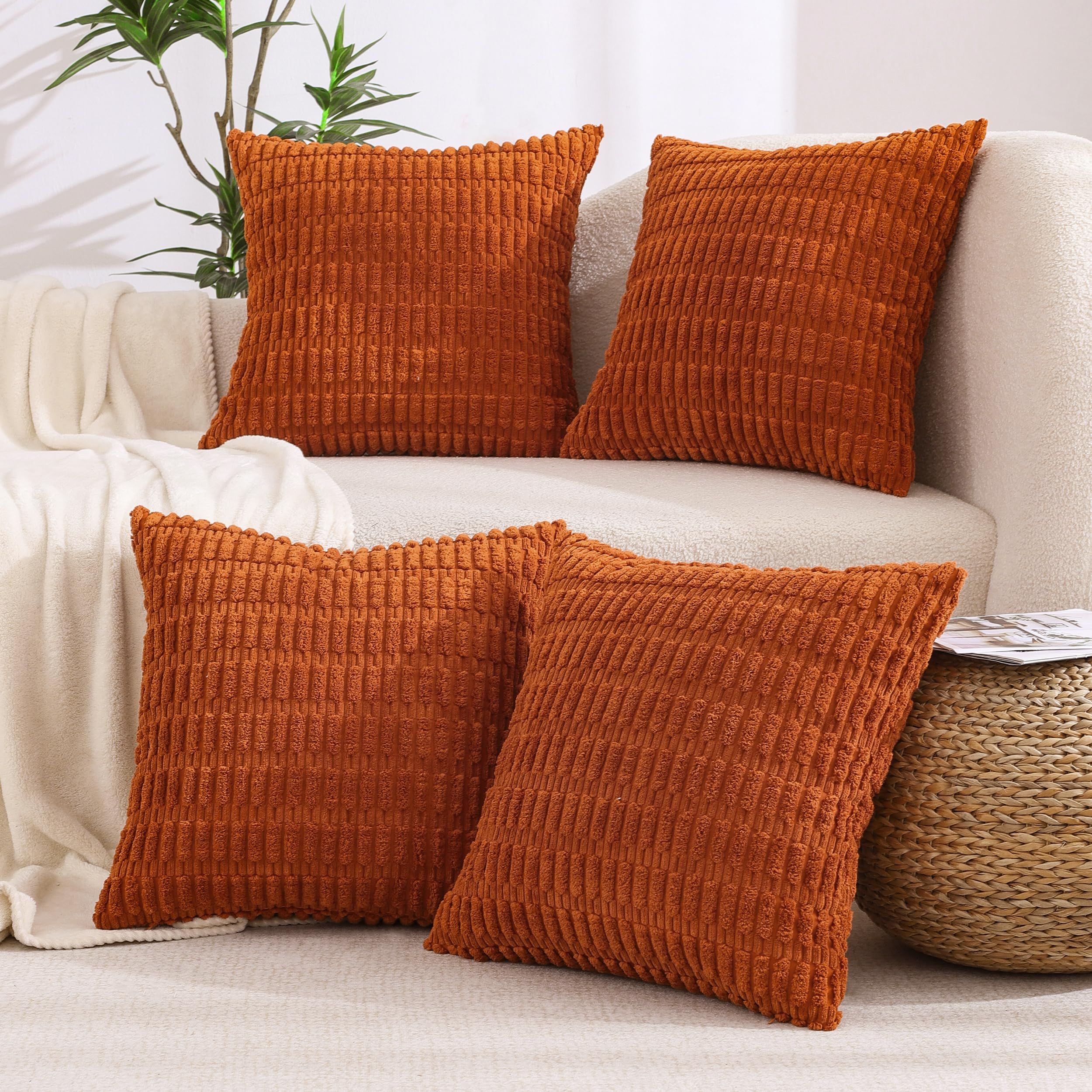 All Smiles Fall Decorative Throw Pillow Covers 18x18 Set of 4 Rust Thanksgiving Farmhouse Home Corduroy Square Cushion Case for Decor Living Room Couch Bed Sofa,Boho Terracotta Orange