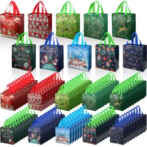 windyun 100 pack non woven christmas gift bags, 9" x 8.7" x 4.3" reusable christmas tote bags with handles bulk wrapping christmas bags holiday xmas gift bags with handle for party grocery shopping