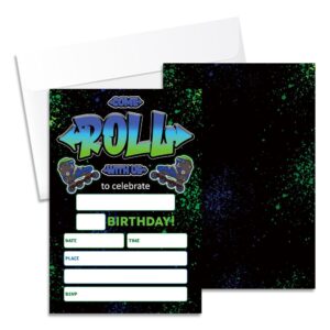 vohiro 20 roller skate birthday invitations cards with envelopes 4"x6" - roller skate party invitations, decorations, favors for boys girls kids teens. (neon 033)