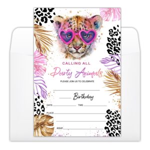 calling all party animal birthday party invitation cards with envelopes, safari leopard print party invitations, birthday celebration supplies, double-sided fill-in bday invites for boys girls - c01