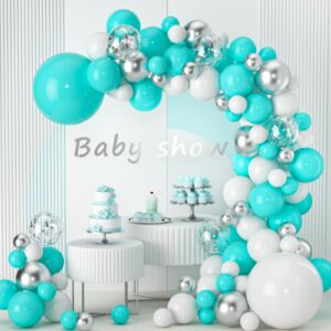 aiozx teal balloons garland arch kit, 107pcs teal blue silver white balloons turquoise balloons for baby shower wedding anniversary gender reveal birthday party decoration