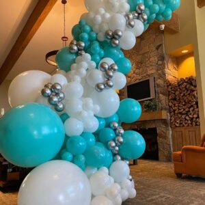 AIOZX Teal Balloons Garland Arch Kit, 107pcs Teal Blue Silver White Balloons Turquoise Balloons for Baby Shower Wedding Anniversary Gender Reveal Birthday Party Decoration