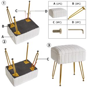 IBUYKE Stool Chair with Storage Space, Footrest Footstool Ottoman, Small Side Table, with 4 Metal Legs, with Anti-Slip Feet, for Makeup Room, Bedroom, White, Faux Fur LG-50W