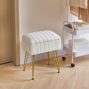 IBUYKE Stool Chair with Storage Space, Footrest Footstool Ottoman, Small Side Table, with 4 Metal Legs, with Anti-Slip Feet, for Makeup Room, Bedroom, White, Faux Fur LG-50W