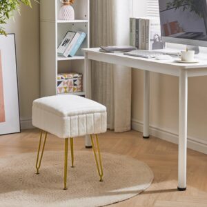 IBUYKE Stool Chair with Storage Space, Footrest Footstool Ottoman, Small Side Table, with 4 Metal Legs, with Anti-Slip Feet, for Makeup Room, Bedroom, White, Faux Fur LG-50W