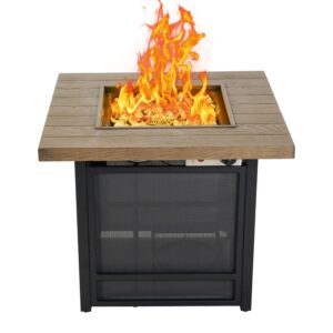 fire pit table, propane firepit outdoor gas fire pits clearance, 50,000 btu with woodgrain tabletop, lid, lava rocks for outside patio, garden, deck, yard