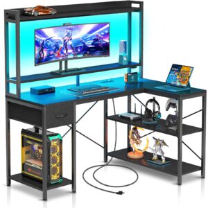 seventable gaming desk with led light & power outlets, 47 inch computer desk with shelves, reversible l shaped desk with monitor stand, corner desk for small space, black