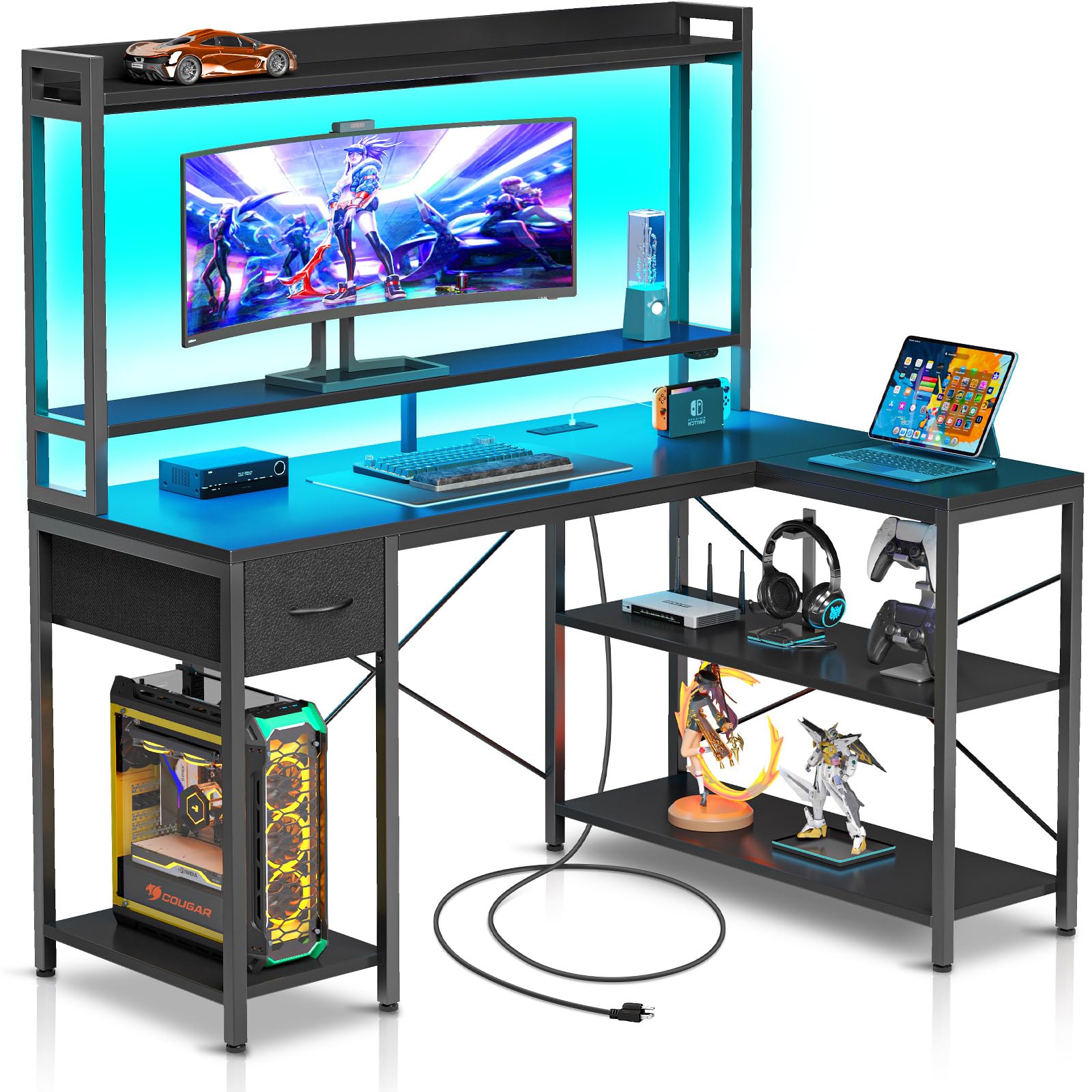 Seventable Gaming Desk with LED Light & Power Outlets, 47 inch Computer Desk with Shelves, Reversible L Shaped Desk with Monitor Stand, Corner Desk for Small Space, Black