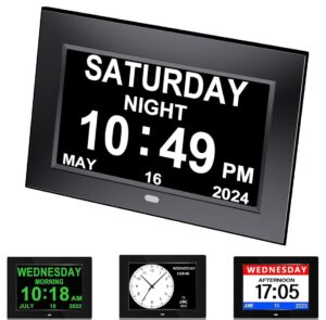 feybyla alarm clock with day and date for elderly 7inch digital calendar clock photo frame- auto dimmable display 15 alarm options, clock with non-abbreviated day & month