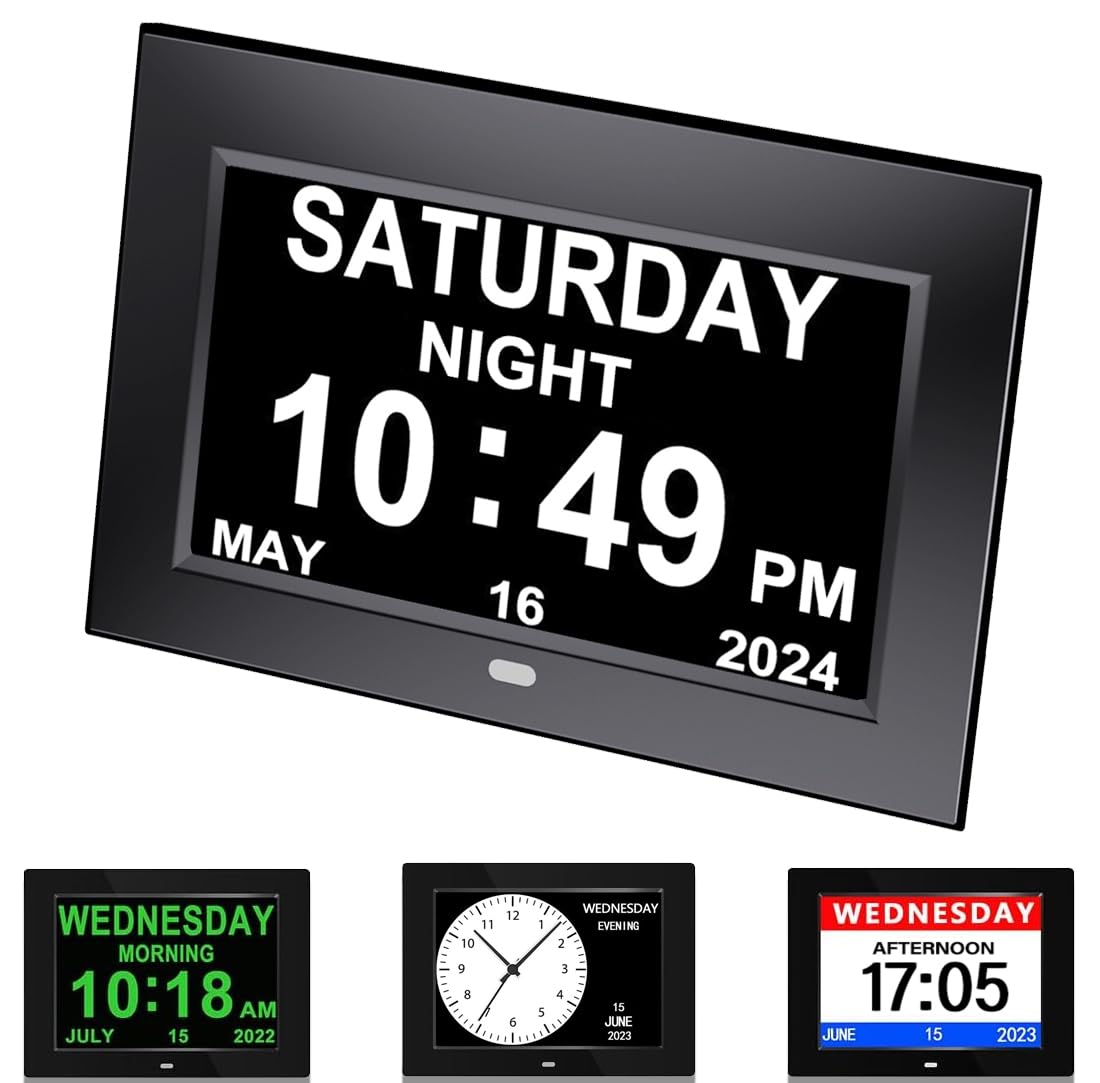 FEYBYLA Alarm Clock with Day and Date for Elderly 7inch Digital Calendar Clock Photo Frame- Auto Dimmable Display 15 Alarm Options, Clock with Non-Abbreviated Day & Month