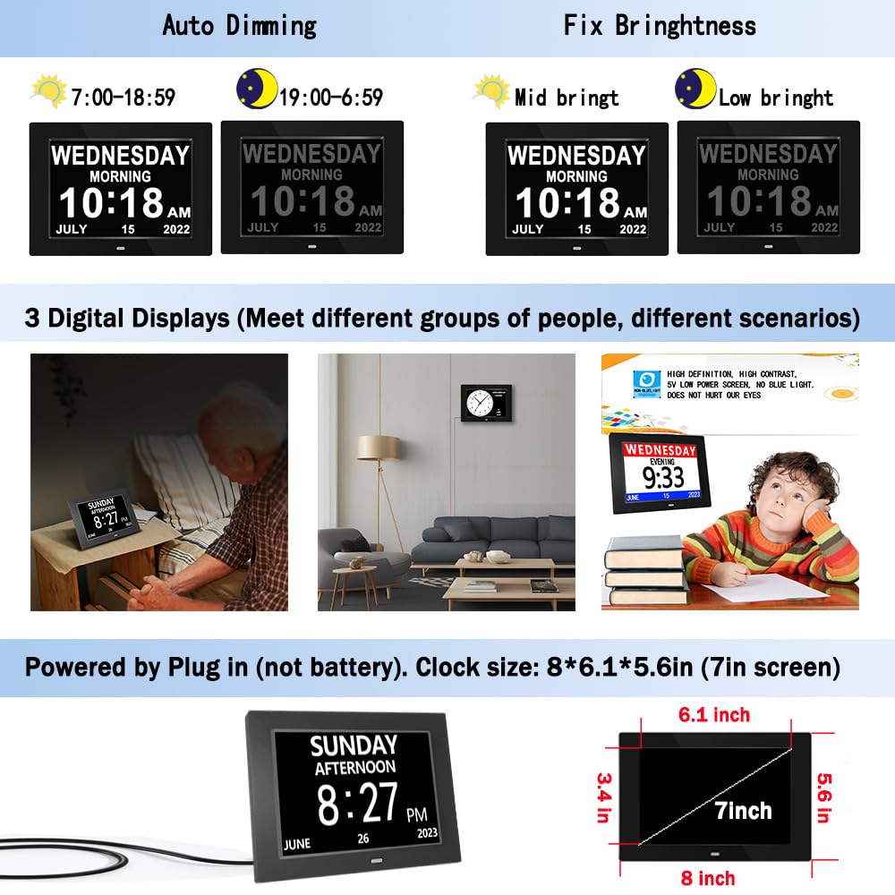 FEYBYLA Alarm Clock with Day and Date for Elderly 7inch Digital Calendar Clock Photo Frame- Auto Dimmable Display 15 Alarm Options, Clock with Non-Abbreviated Day & Month