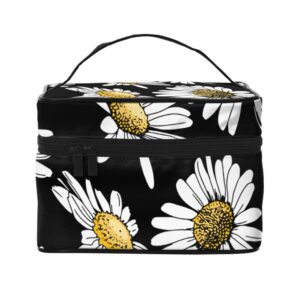 women's lightweight makeup bag pouch compatible with floral chamomile or daisy flowers black toiletry bag, funny travel cosmetic bag portable bag with zip for office college