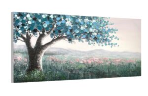 gumeyjia blue tree wall art hand-painted tree oil painting on canvas gallery wrapped large framed big tree landscape artwork suitable for living room bedroom office decor 20x40 inch x1 piece