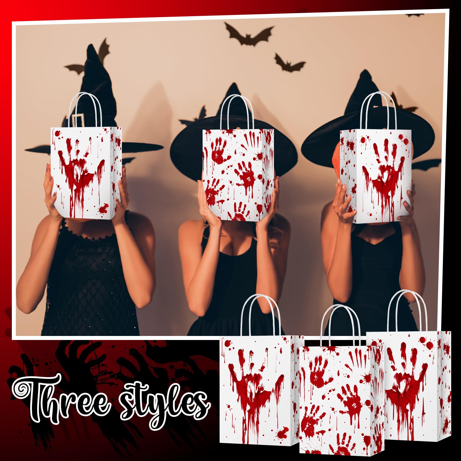 24 Pcs Halloween Treat Bags Halloween Paper Gift Bags with Handles Trick or Treat Candy Bags Goodie Bags for Holiday Treats Snacks Kids Halloween Party Favors Supplies (Bloody Handprint)