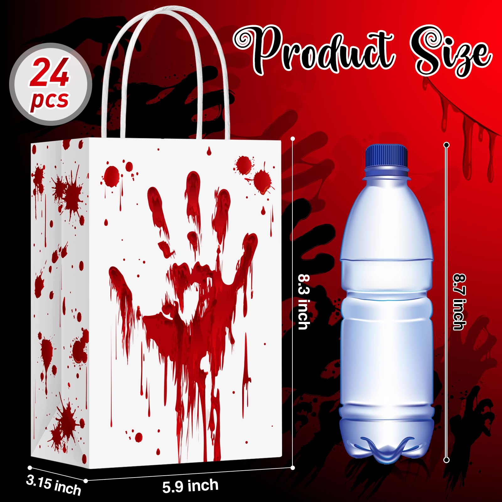 24 Pcs Halloween Treat Bags Halloween Paper Gift Bags with Handles Trick or Treat Candy Bags Goodie Bags for Holiday Treats Snacks Kids Halloween Party Favors Supplies (Bloody Handprint)