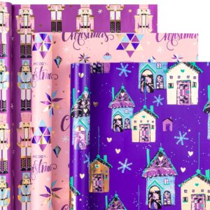 WRAPAHOLIC Christmas Wrapping Paper Roll - Mini Roll - 3 Rolls - 17 Inch X 120 Inch Per Roll - Pink and Purple Nutcracker, House Holiday Collection with Metallic Foil Shine