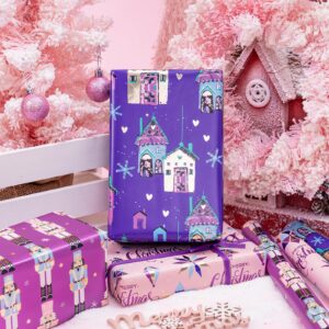 WRAPAHOLIC Christmas Wrapping Paper Roll - Mini Roll - 3 Rolls - 17 Inch X 120 Inch Per Roll - Pink and Purple Nutcracker, House Holiday Collection with Metallic Foil Shine