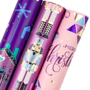 WRAPAHOLIC Christmas Wrapping Paper Roll - Mini Roll - 3 Rolls - 17 Inch X 120 Inch Per Roll - Pink and Purple Nutcracker, House Holiday Collection with Metallic Foil Shine