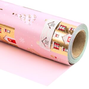 wrapaholic reversible christmas wrapping paper - 30 inch x 100 feet jumbo roll pink house with christmas tree and polka dots design with metallic foil shine