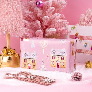 WRAPAHOLIC Reversible Christmas Wrapping Paper - 30 Inch X 100 Feet Jumbo Roll Pink House with Christmas Tree and Polka Dots Design with Metallic Foil Shine