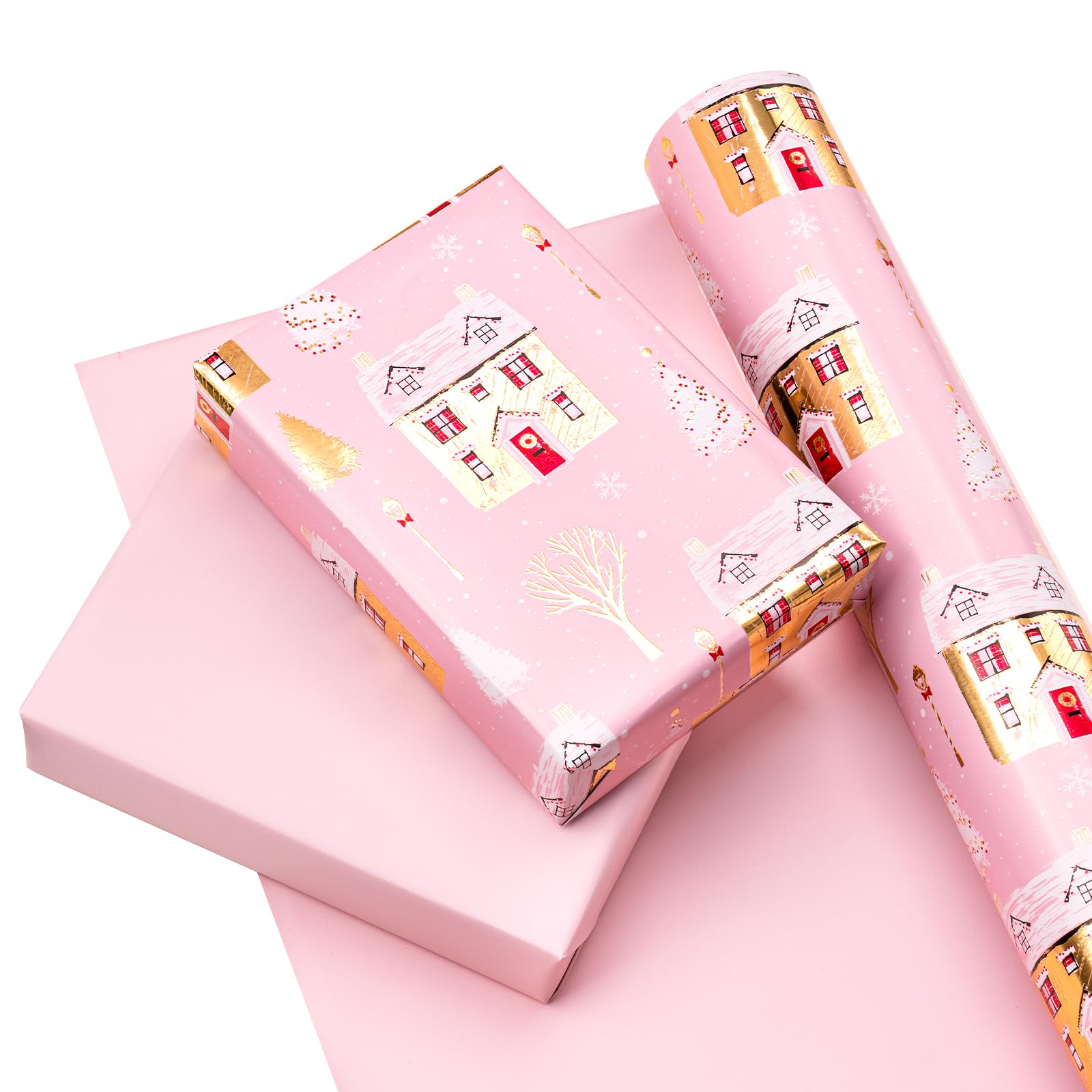 WRAPAHOLIC Reversible Christmas Wrapping Paper - 30 Inch X 100 Feet Jumbo Roll Pink House with Christmas Tree and Polka Dots Design with Metallic Foil Shine