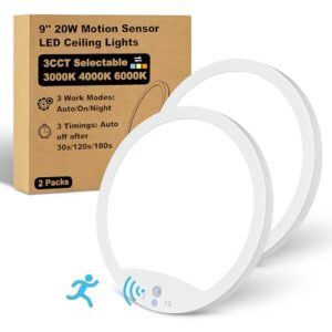 hard-wired motion sensor ceiling lights, 9in 20w flush mount motion led ceiling lights, 3000k 4000k 6000k indoor ceiling light for closet doorway stairway hallway, 2 packs, not battery operated