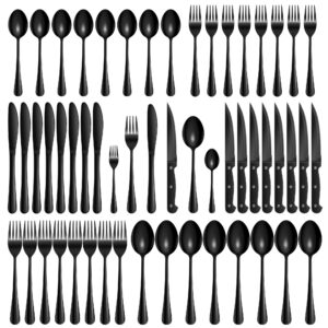 velaze 48pcs black silverware set for 8 with steak knives, stainless steel flatware set, mirror polished cutlery set, home eating tableware set, kitchen utensils set with forks spoons and knives set