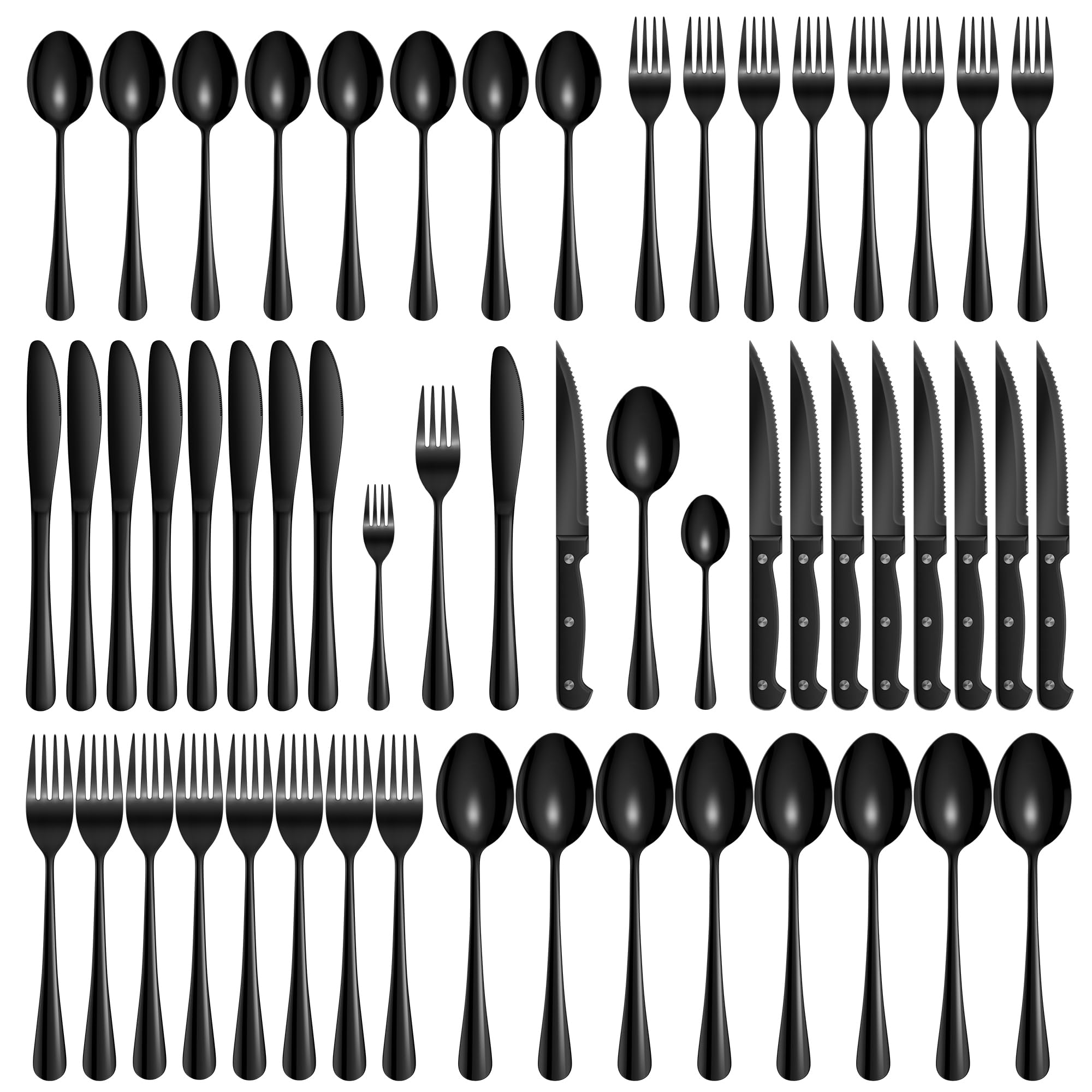 Velaze 48Pcs Black Silverware Set for 8 with Steak Knives, Stainless Steel Flatware Set, Mirror Polished Cutlery Set, Home Eating Tableware Set, Kitchen Utensils Set With Forks Spoons and Knives Set