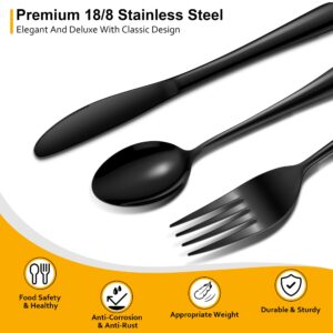 Velaze 48Pcs Black Silverware Set for 8 with Steak Knives, Stainless Steel Flatware Set, Mirror Polished Cutlery Set, Home Eating Tableware Set, Kitchen Utensils Set With Forks Spoons and Knives Set