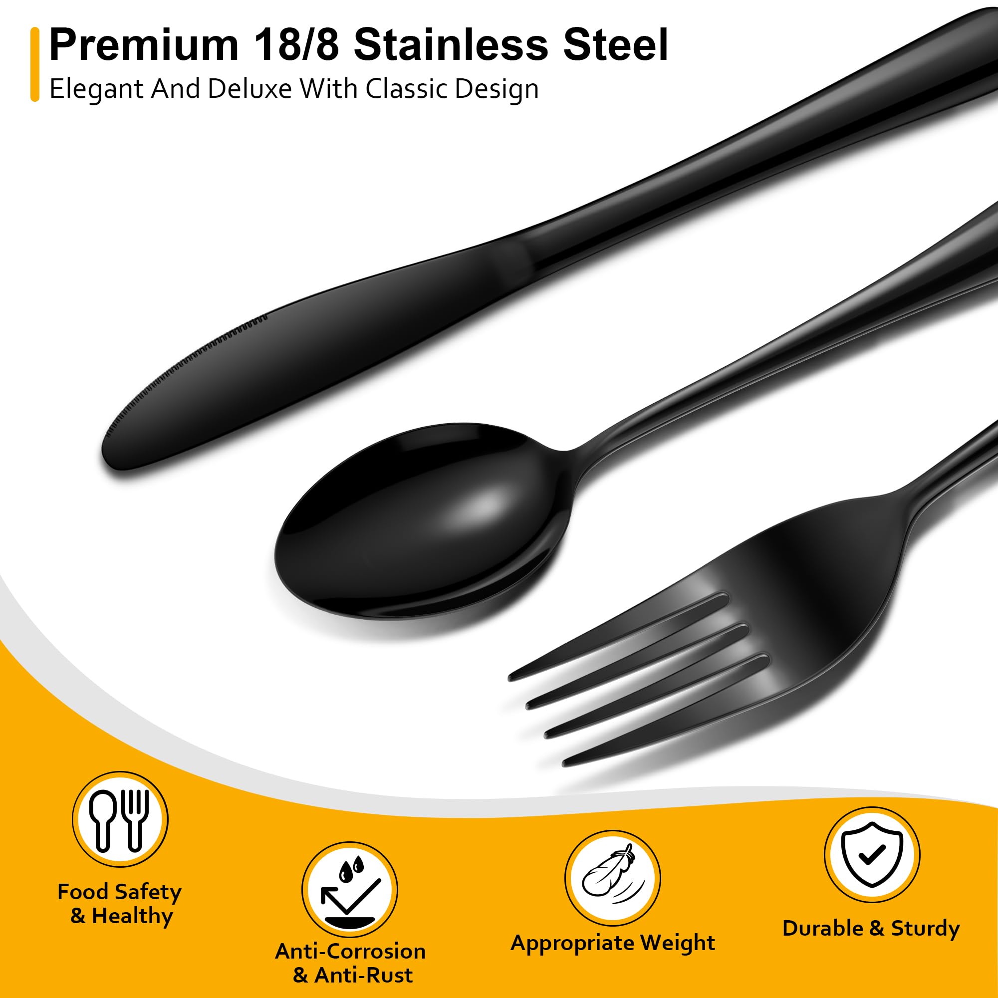 Velaze 48Pcs Black Silverware Set for 8 with Steak Knives, Stainless Steel Flatware Set, Mirror Polished Cutlery Set, Home Eating Tableware Set, Kitchen Utensils Set With Forks Spoons and Knives Set