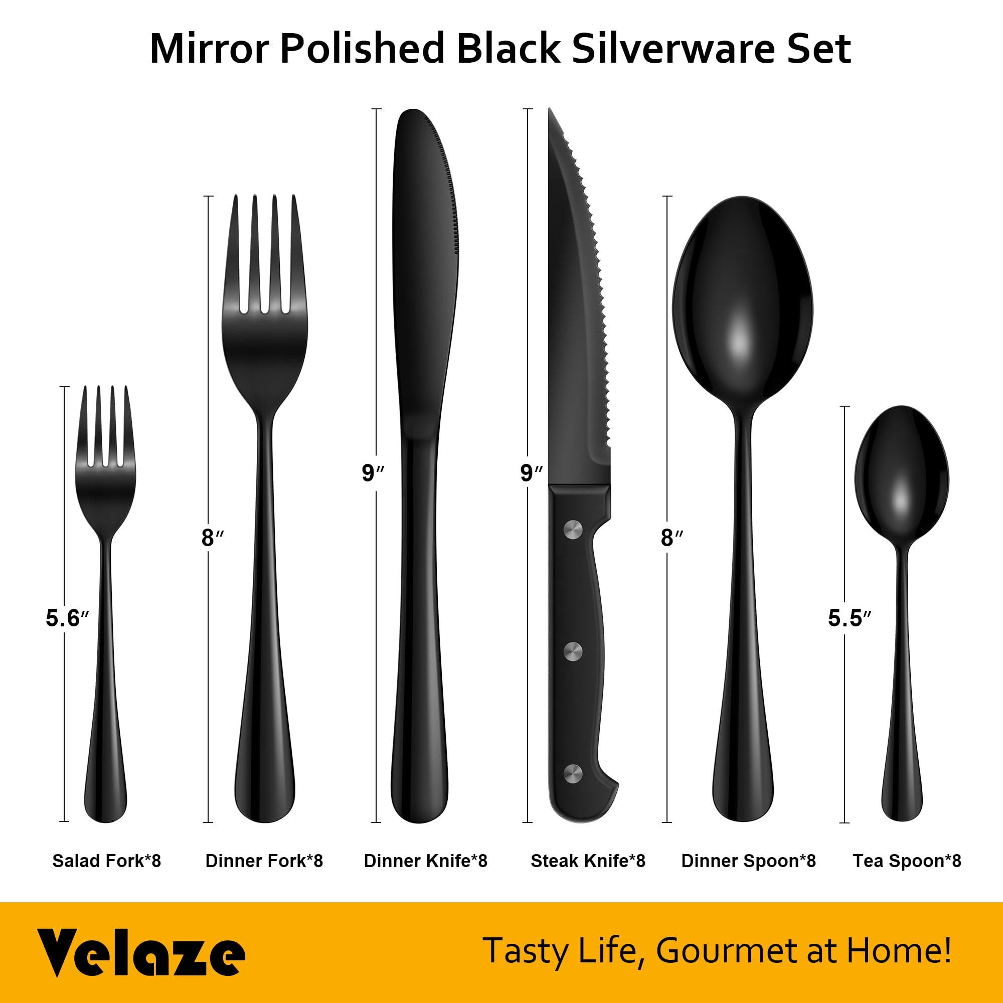 Velaze 48Pcs Black Silverware Set for 8 with Steak Knives, Stainless Steel Flatware Set, Mirror Polished Cutlery Set, Home Eating Tableware Set, Kitchen Utensils Set With Forks Spoons and Knives Set