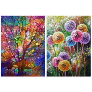 2-piece diamond painting kits for adults and kids，tree of life and dandelion painting colorful artwork for beginner perfect for home wall deco diamond dotz 12"x16"