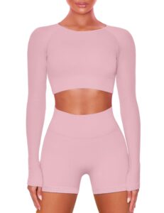 laoara women gym sets 2 piece outfits workout sets knitted high waisted shorts tracksuits exercise set pink l