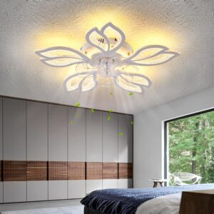 haodengshi 25" Modern Ceiling Fan with Lights and Remote Control, White Geometric Ceiling Fan with Lights, 3 Light Color 6 Speeds Flush Mount Low Profile Ceiling Fan for Bedroom Kitchen