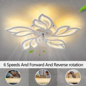 haodengshi 25" Modern Ceiling Fan with Lights and Remote Control, White Geometric Ceiling Fan with Lights, 3 Light Color 6 Speeds Flush Mount Low Profile Ceiling Fan for Bedroom Kitchen