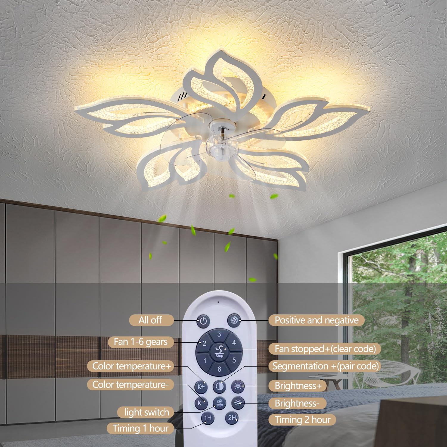 haodengshi 25" Modern Ceiling Fan with Lights and Remote Control, White Geometric Ceiling Fan with Lights, 3 Light Color 6 Speeds Flush Mount Low Profile Ceiling Fan for Bedroom Kitchen