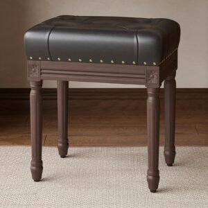 vanity stool, 19" ottoman bench for bedroom, tufted vanity chair for makeup room, faux leather ottoman stool with vintage wooden frame, small bench for living room dining room, foot stool foot rest