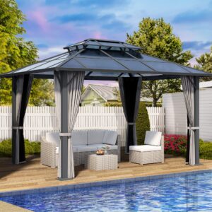 backyadoor 10'x 12' hardtop gazebo, outdoor gazebo with aluminum frame, double roof polycarbonate gazebo with netting and curtains for patio, deck, backyard （gray）